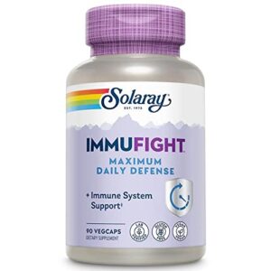 solaray immufight maximum daily defense, all day immune support, vitamin c, vitamin d, zinc, probiotics, monolaurin, acerola & more, vegan & gluten free, 60 day guarantee, 30 servings, 90 vegcaps