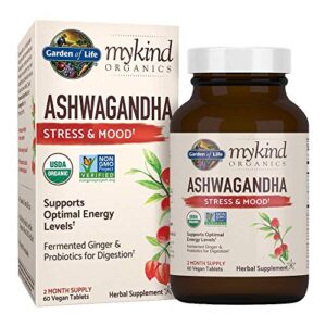 garden of life organic ashwagandha stress, mood & energy support supplement with probiotics & ginger root for digestion – mykind organics – vegan, gluten free, non gmo – 2 month supply, 60 tablets