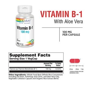 SOLARAY Vitamin B-1 100 mg | Healthy Energy Metabolism, Skin, Brain, Heart & Nervous System Support | 100 VegCaps