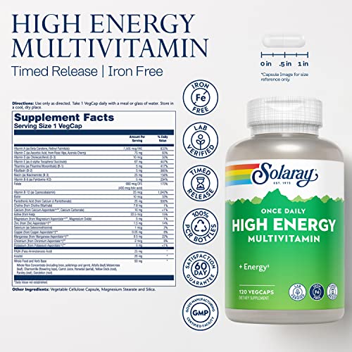 SOLARAY Once Daily High Energy Multivitamin, Iron Free, Timed Release Energy Support, Whole Food and Herb Base Ingredients, Men’s and Women’s Multi Vitamin, 120 Servings, 120 VegCaps