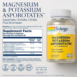 Solaray Magnesium and Potassium Asporotates w/ Bromelain | Healthy Electrolyte, Muscle, Heart & Cellular Support | 60 Servings | 120 VegCaps