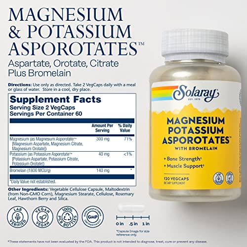 Solaray Magnesium and Potassium Asporotates w/ Bromelain | Healthy Electrolyte, Muscle, Heart & Cellular Support | 60 Servings | 120 VegCaps