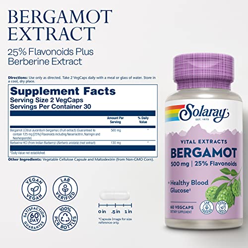 SOLARAY Vital Extracts Bergamot 500 mg, 25% Flavonoids Plus Berberine HCl Extract from Indian Barberry, AMPK Activator & Ketone Synthesis Support, Vegan, 30 Servings, 60 Vegcaps