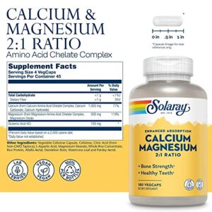 Solaray Enhanced Absorption Calcium Magnesium - 180 VegCaps - 2:1 Ratio - Supports Bone Strength & Healthy Teeth - Vegan