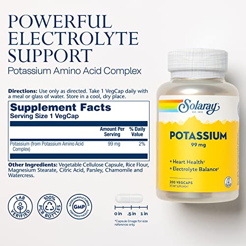 Solaray Potassium 99 mg, Fluid and Electrolyte Balance Formula, Potassium Supplement for Muscle, Nerve, Cellular and Heart Health Support, 60-Day Money Back Guarantee, 200 Servings, 200 VegCaps