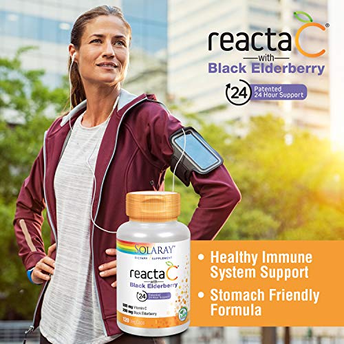 SOLARAY Reacta-C with 500mg Vitamin C, 200mg Sambucus Black Elderberry Extract, Immune System Defense Vitamins, Patented 24 Hour Immunity Booster Support Supplement, Vegan, 120 Capsules, 120 Servings