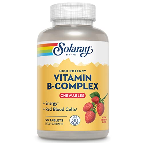 SOLARAY Vitamin B-Complex Chewables, Strawberry, Healthy Energy, Red Blood Cell, Stress & Metabolism Support, 50 Tablets