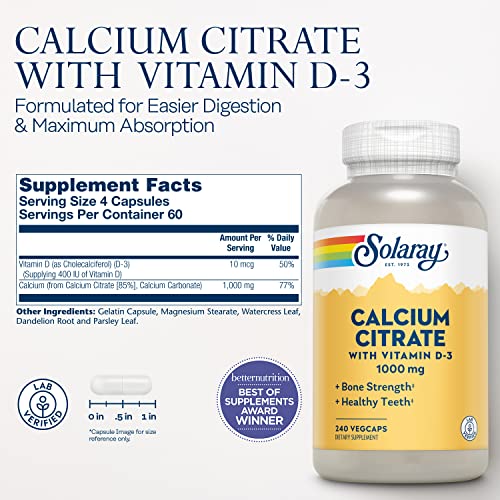 Solaray Calcium Citrate w/ Vitamin D3 1000mg, Healthy Bones & Teeth, Heart, Muscle & Nerve Support, 60 Serv, 240 VegCaps