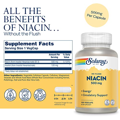 SOLARAY Niacin, No Flush 500 mg, Healthy Energy & Circulatory System Support, Vegan, 100 Servings, 100 VegCaps