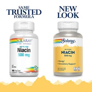 SOLARAY Niacin, No Flush 500 mg, Healthy Energy & Circulatory System Support, Vegan, 100 Servings, 100 VegCaps