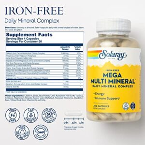 Solaray Iron-Free Mega Multi Mineral, Daily Mineral Complex with Calcium, Magnesium, Zinc, and More in Absorbable Chelated Forms, Overall Health, Energy and Immune Support (200 Capsules, 50 Servings)