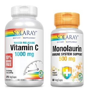 solaray timed release vitamin c 1000mg & monolaurin 500mg bundle | powerful immune & gut health support | 275ct, 60ct