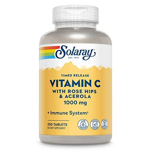 SOLARAY Vitamin C 500mg w/ Rose Hips, Acerola & Bioflavonoids, Timed-Release, Healthy Immune System Support, 250 VegCaps