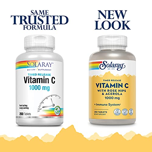 SOLARAY Vitamin C 500mg w/ Rose Hips, Acerola & Bioflavonoids, Timed-Release, Healthy Immune System Support, 250 VegCaps