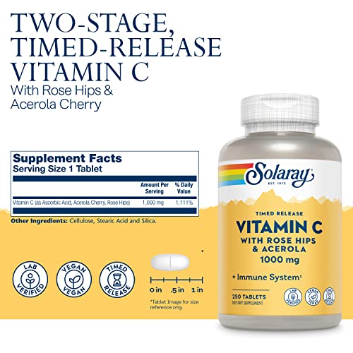 SOLARAY Vitamin C 500mg w/ Rose Hips, Acerola & Bioflavonoids, Timed-Release, Healthy Immune System Support, 250 VegCaps