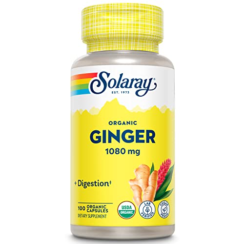 SOLARAY Organic Ginger Root Capsules, USDA Certified Organic Ginger Capsules, Ginger Pills for Healthy Digestion Support, Lab Verified, Vegan, 60-Day Guarantee, 50 Servings, 100 Organic Capsules