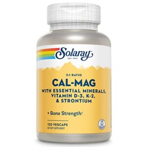 solaray cal-mag with essential minerals | calcium, magnesium, strontium, vitamins d-3 & k-2 | 30 serv | 120 vegcaps