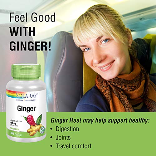 SOLARAY Ginger Root 1100mg | Healthy Digestion, Joints and Motion & Stomach Discomfort Support | Whole Root | Non-GMO & Vegan | 180 VegCaps