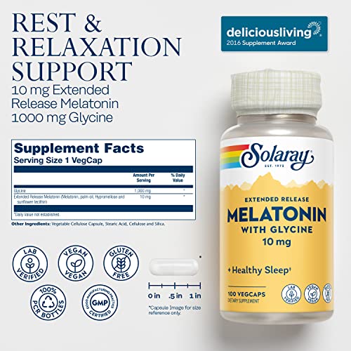 SOLARAY Melatonin 10 mg with Glycine, Extended Release, Healthy Sleep Cycle & Calming Relaxation Support, 100 VegCaps