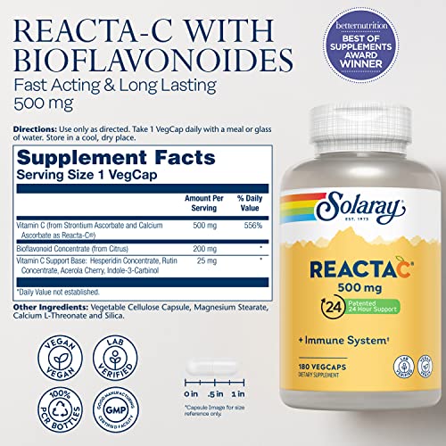 SOLARAY Reacta-C with 500mg Vitamin C, 200mg Bioflavonoid Concentrate, Immune System Defense Vitamins, Patented 24 Hour Immunity Booster Support Supplement, Vegan, 180 Capsules, 180 Servings.