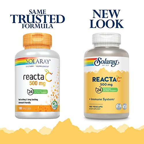 SOLARAY Reacta-C with 500mg Vitamin C, 200mg Bioflavonoid Concentrate, Immune System Defense Vitamins, Patented 24 Hour Immunity Booster Support Supplement, Vegan, 180 Capsules, 180 Servings.