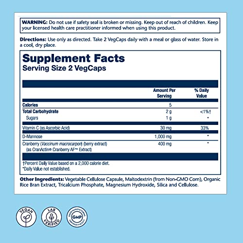 SOLARAY D-Mannose with CranActin Cranberry Supplement 400mg, Urinary Tract Health & Bladder Support Capsules with Vitamin C, Vegan, 60 Day Guarantee (120 CT)