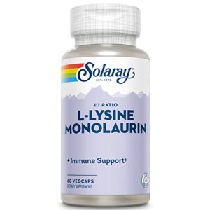 solaray l-lysine monolaurin immune support supplement, 1:1 ratio for immune system function, skin and gut health support, 500 mg each, 60-day money back guarantee, 30 servings, 60 vegcaps