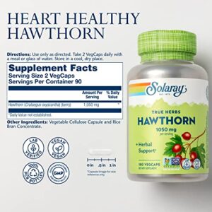 SOLARAY Hawthorn Berry Capsules 1050 mg, Hawthorne Supplement for Cardiovascular Function & Circulation Support, 60 Day Money-Back Guarantee, Whole Berry, Vegan, 90 Servings, 180 VegCaps