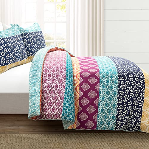 Lush Decor Bohemian Stripe Reversible 3 Piece Cotton Duvet Cover Set, King, Fuchsia & Orange