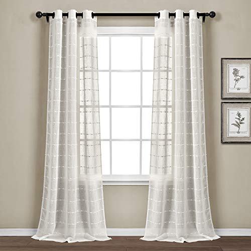 Lush Decor Farmhouse Textured Grommet Sheer Window Curtain Panel Pair, 95" Long x 38" Wide, White