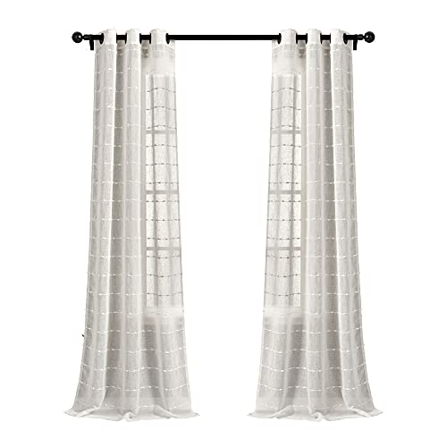 Lush Decor Farmhouse Textured Grommet Sheer Window Curtain Panel Pair, 95" Long x 38" Wide, White