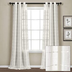 Lush Decor Farmhouse Textured Grommet Sheer Window Curtain Panel Pair, 95" Long x 38" Wide, White