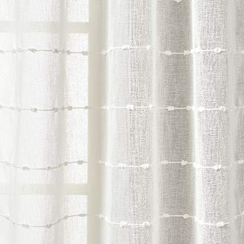 Lush Decor Farmhouse Textured Grommet Sheer Window Curtain Panel Pair, 95" Long x 38" Wide, White