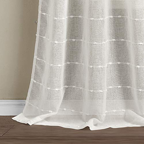 Lush Decor Farmhouse Textured Grommet Sheer Window Curtain Panel Pair, 95" Long x 38" Wide, White