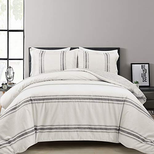 Lush Decor Farmhouse Stripe 3 Piece Duvet Cover Set, King, Gray