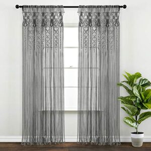 lush decor boho macrame textured cotton window curtain/room divider/doorway/wall decor, 95″ l x 40″ w, gray