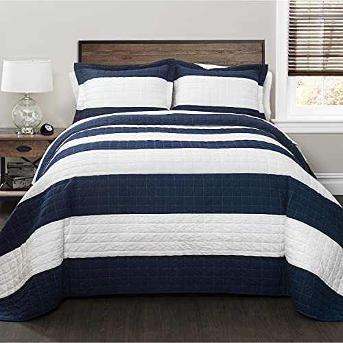 Lush Decor New Berlin Quilt Striped Pattern 3 Piece Bedding Set, King, Navy and White