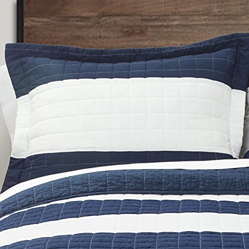 Lush Decor New Berlin Quilt Striped Pattern 3 Piece Bedding Set, King, Navy and White