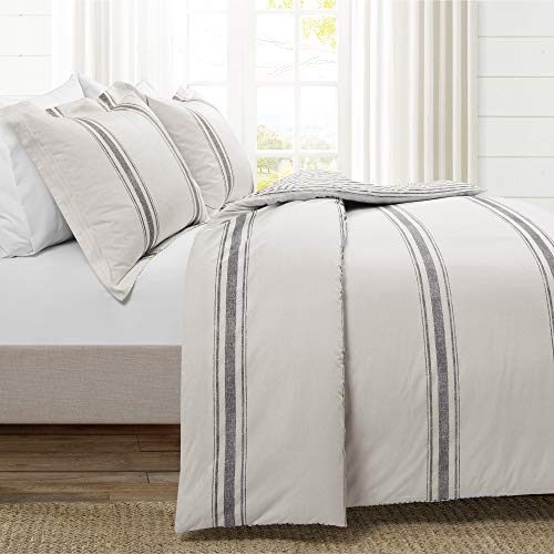 Lush Decor Farmhouse Stripe 3 Piece Duvet Cover Set, Full/Queen, Gray