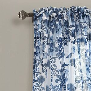 Lush Decor Tanisha Sheer Curtains Room Darkening Floral Vine Print Design Window Panel Set (Pair), Sheer 38" W x 84" L, Navy & White