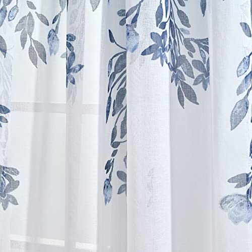 Lush Decor Tanisha Sheer Curtains Room Darkening Floral Vine Print Design Window Panel Set (Pair), Sheer 38" W x 84" L, Navy & White