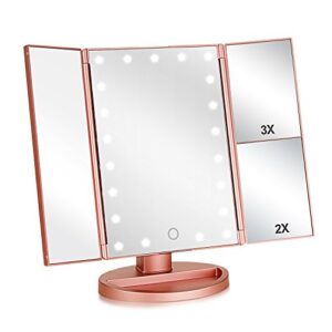 flymiro tri-fold lighted vanity makeup mirror with 3x/2x magnification,21 leds light and touch screen,180 degree free rotation countertop cosmetic mirror,travel makeup mirror (rose gold)