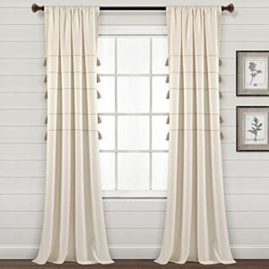 lush decor farmhouse boho stripe woven tassel yarn dyed cotton window curtain panel pair, 84″ l x 42″ w, ivory & wheat