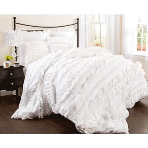 lush decor belle 3 piece ruffled vintage chic white comforter set with bed skirt and pillow sham, twin xl