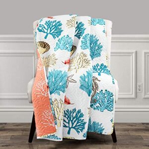 lush decor, blue and coral coastal reef feather throw blanket, 60″ x 50″, 60″ x 50