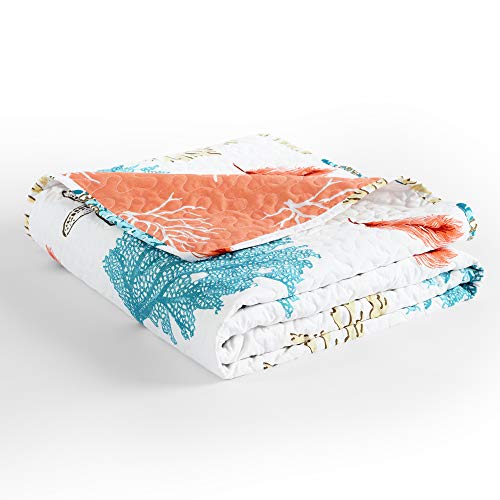 Lush Decor, Blue and Coral Coastal Reef Feather Throw Blanket, 60" x 50", 60" x 50