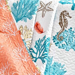 Lush Decor, Blue and Coral Coastal Reef Feather Throw Blanket, 60" x 50", 60" x 50