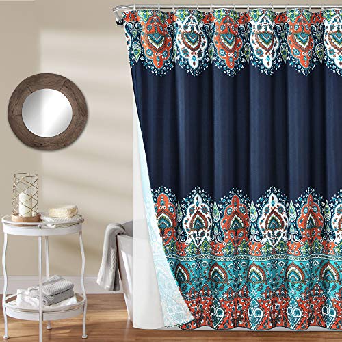 Lush Decor Navy Bohemian Meadow Polyester Shower Curtain with Lining and Rings (72" x 72")