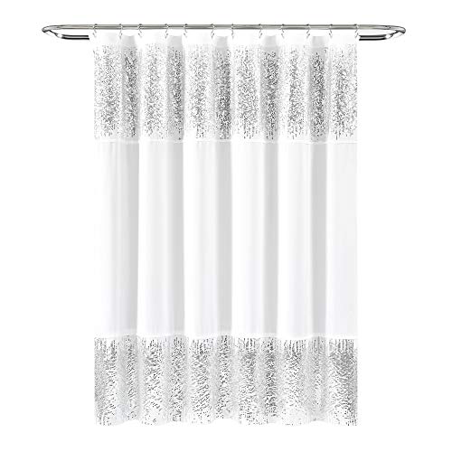 Lush Decor 1 Shimmer Sequins Shower Curtain | Chic Sparkle Design for Bathroom, 70” x 72”, Silver and White, 70" x 72"