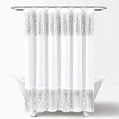 Lush Decor 1 Shimmer Sequins Shower Curtain | Chic Sparkle Design for Bathroom, 70” x 72”, Silver and White, 70" x 72"